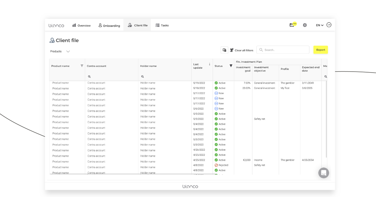 Additional Financial Investment Plan (FIP) fields in product… • Blanco